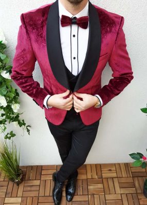 Costum catifea barbati Slim Fit ceremonie, Sacou, Vesta si Pantalon