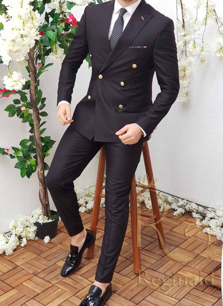 Costum de barbati, Slim Fit, Negru cu butoni aurii - Black Edition ...