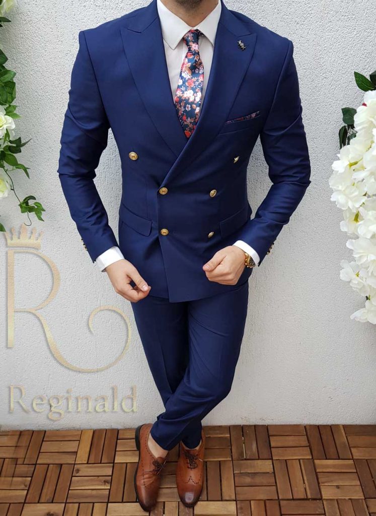 Costum de barbati, Slim Fit, Bleumarin cu butoni metalici aurii, Sacou ...