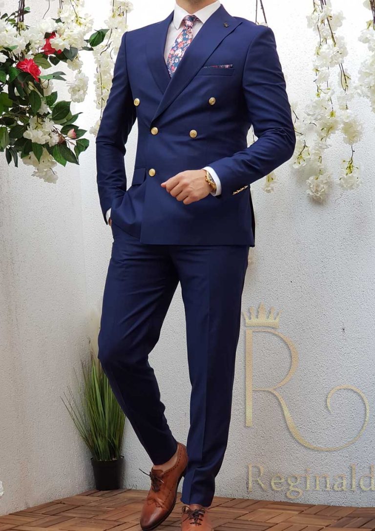 Costum de barbati, Slim Fit, Bleumarin cu butoni metalici aurii, Sacou ...