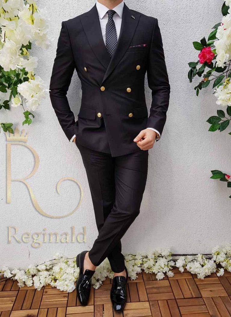 Costum de barbati, Slim Fit, Negru cu butoni aurii - Black Edition ...