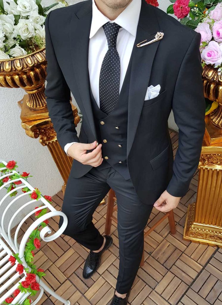 Costum de barbati, Slim Fit, Negru, Vesta cu butoni aurii, Sacou si ...