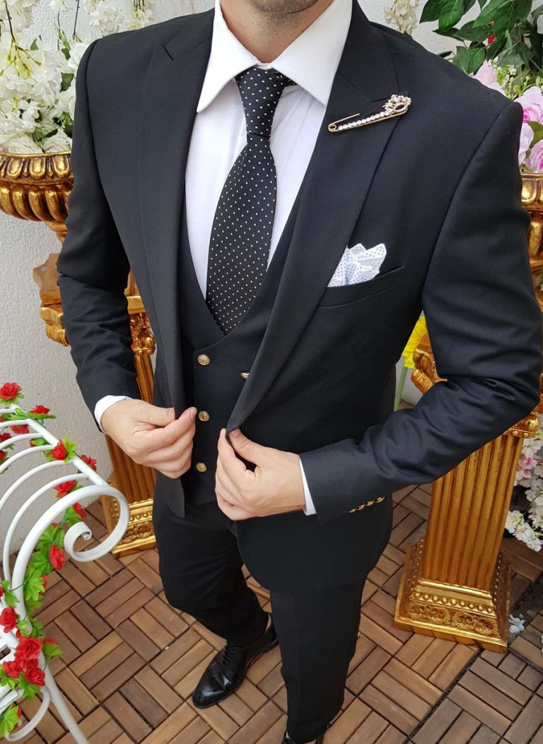 Costum de barbati, Slim Fit, Negru, Vesta cu butoni aurii, Sacou si ...
