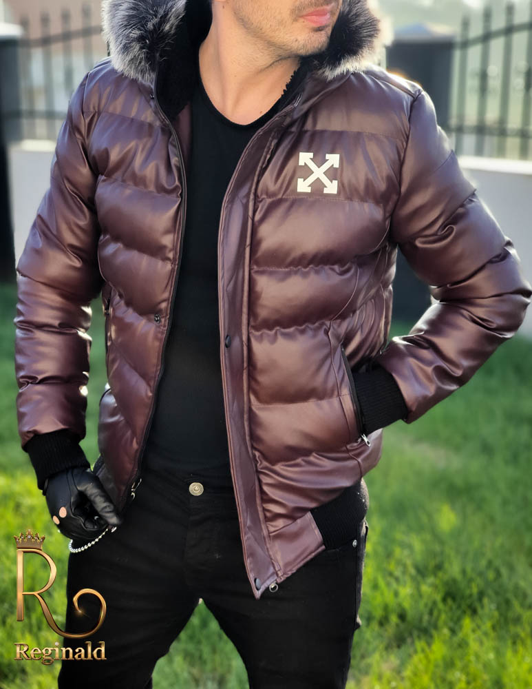 Geaca de barbati groasa, bordeaux, cu blana de la gluga detasabila ...