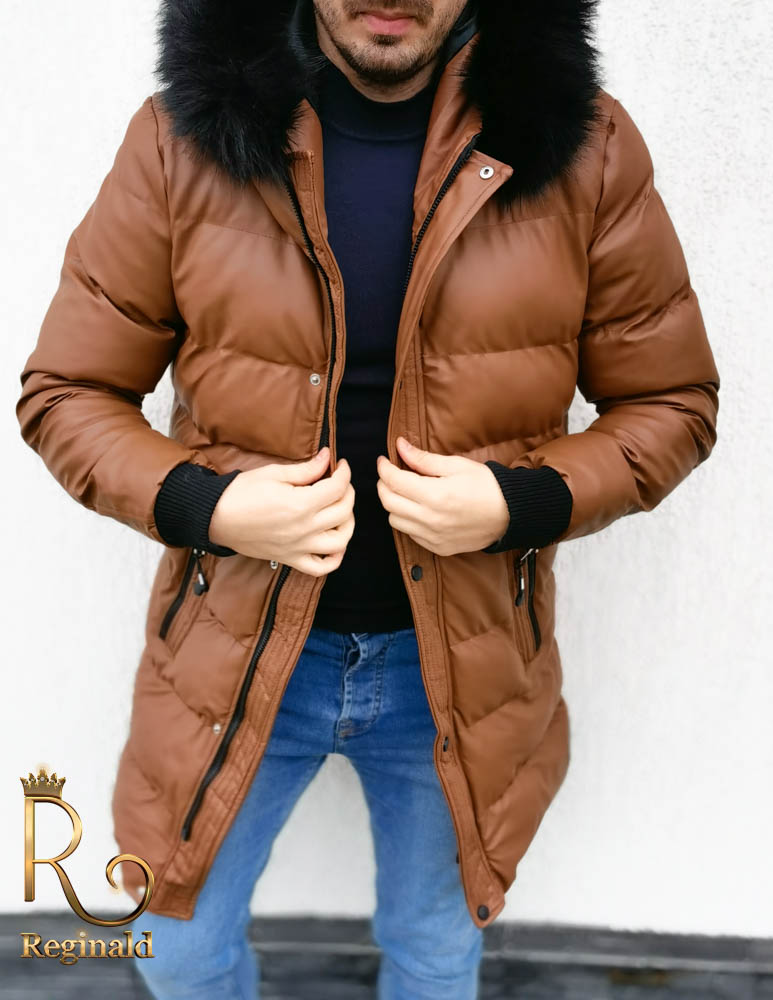 Geaca groasa maro, lunga, cu blana neagra la gluga – GC466 – Reginald ...