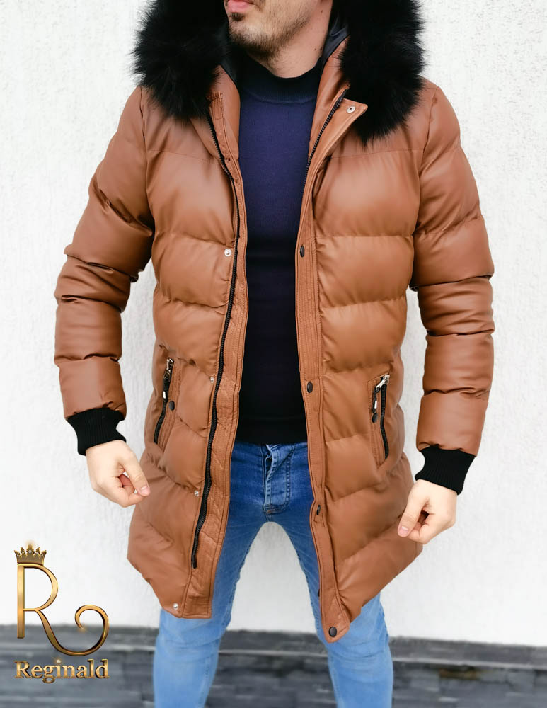 Geaca groasa maro, lunga, cu blana neagra la gluga – GC466 – Reginald ...