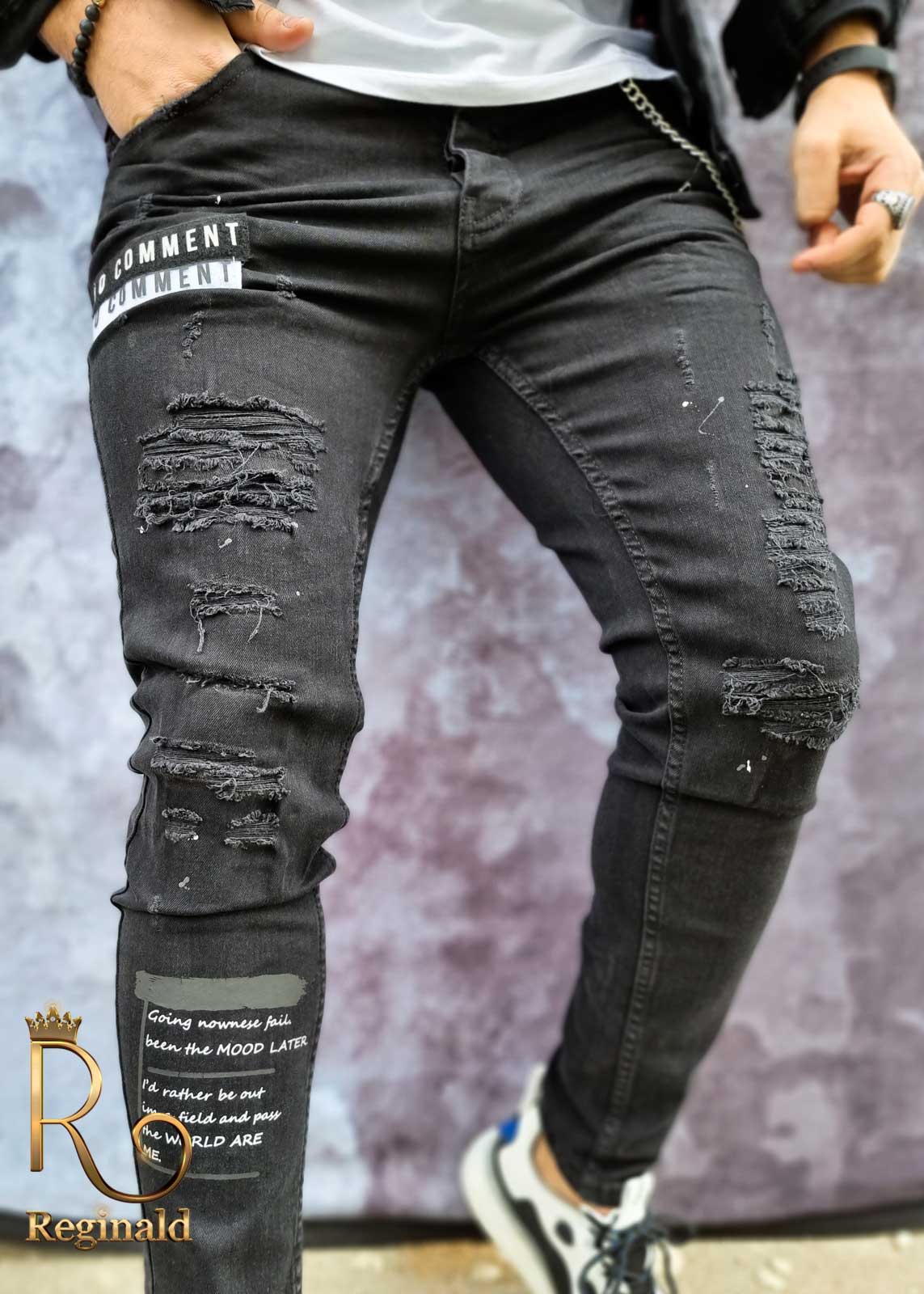 Blugi de bărbați, Slim Fit, Negri cu rupturi - BG871