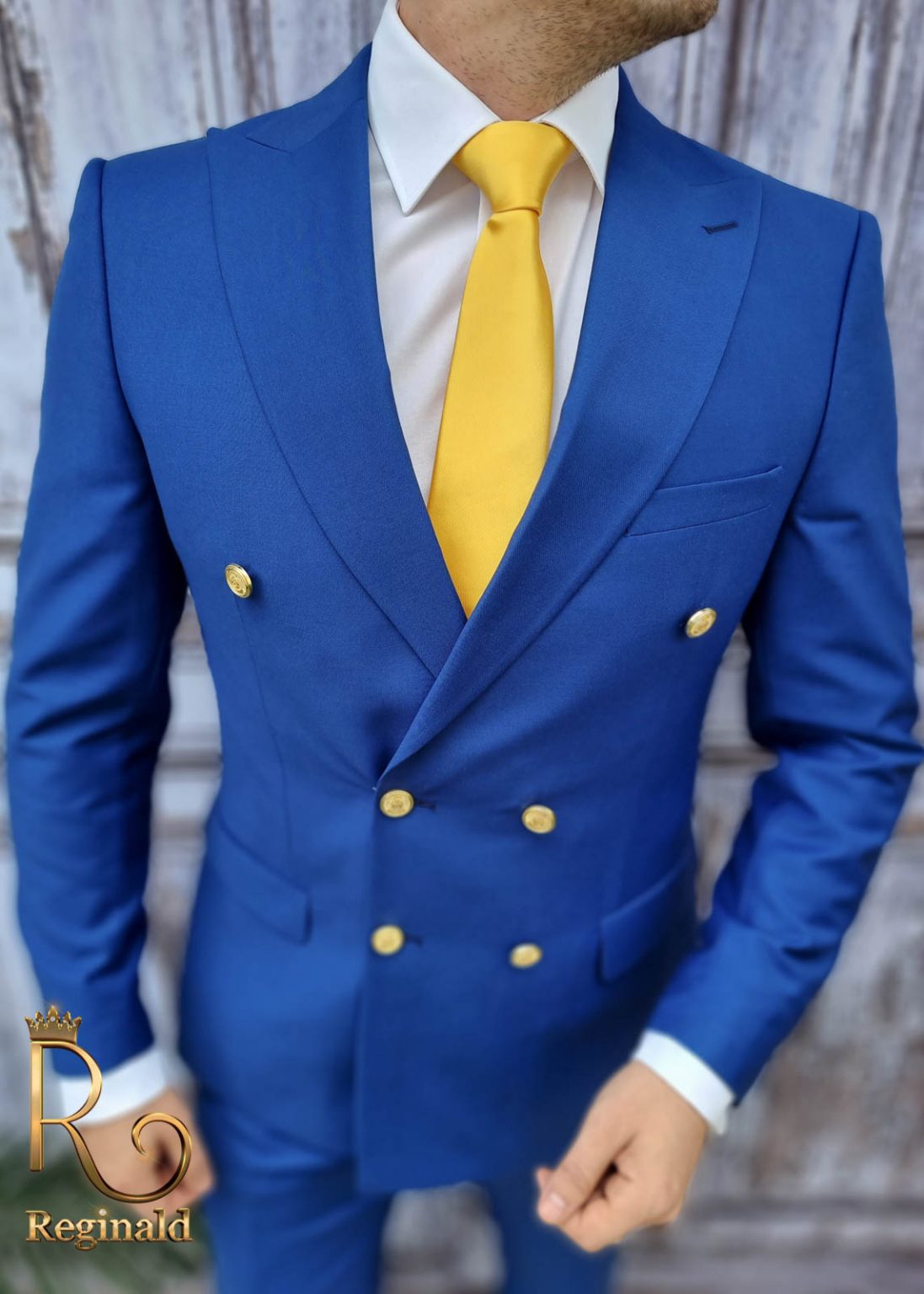 Costum barbati butoni aurii, Double Breasted suit, Slim Fit, albastru ...