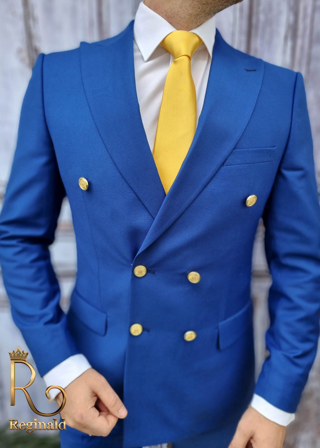 Costum barbati butoni aurii, Double Breasted suit, Slim Fit, albastru ...