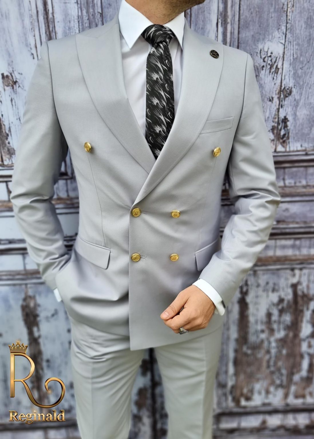 Costum barbati butoni aurii, Double Breasted suit, Slim Fit, gri, Sacou ...