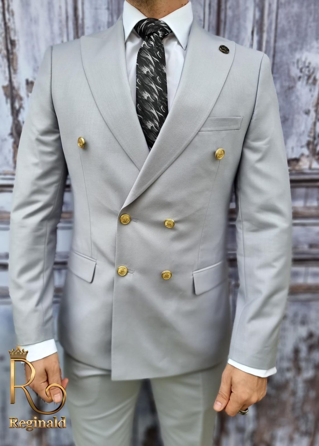 Costum barbati butoni aurii, Double Breasted suit, Slim Fit, gri, Sacou ...