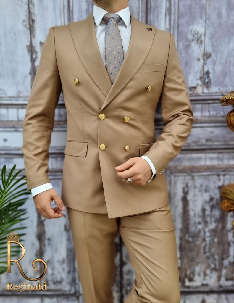 Costum barbati butoni aurii, Double Breasted suit, Slim Fit, bej, Sacou ...