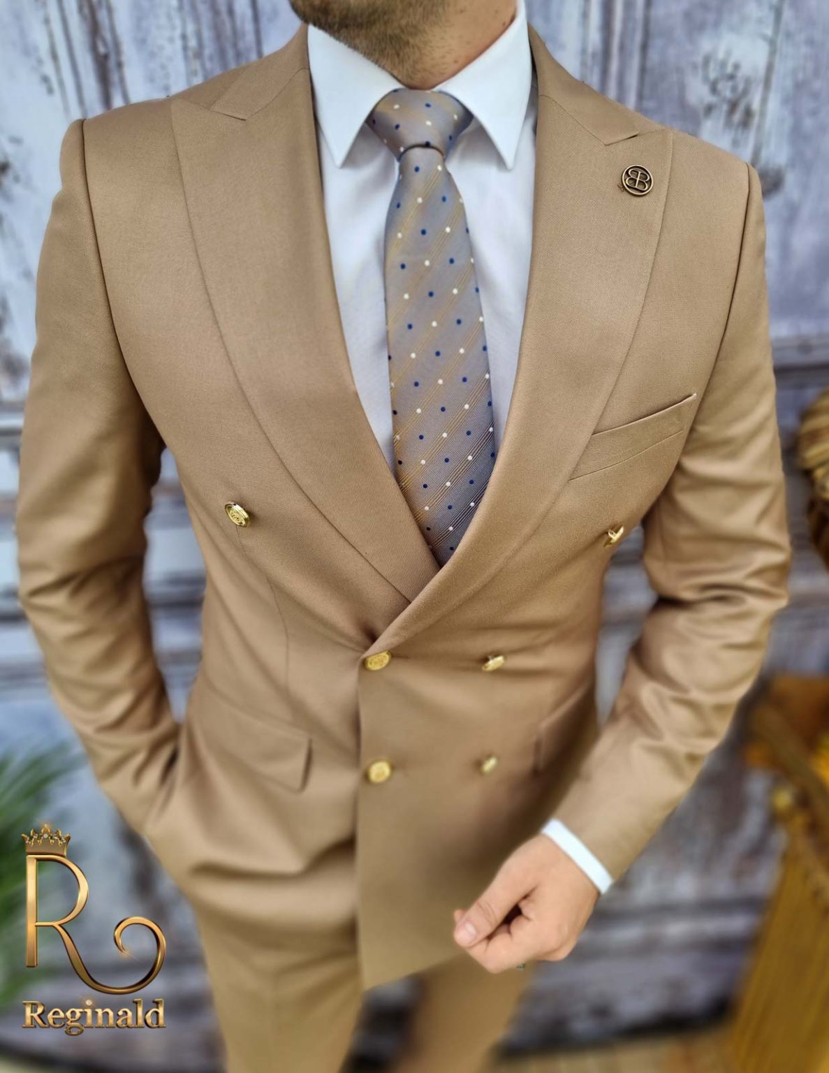 Costum barbati butoni aurii, Double Breasted suit, Slim Fit, bej, Sacou ...