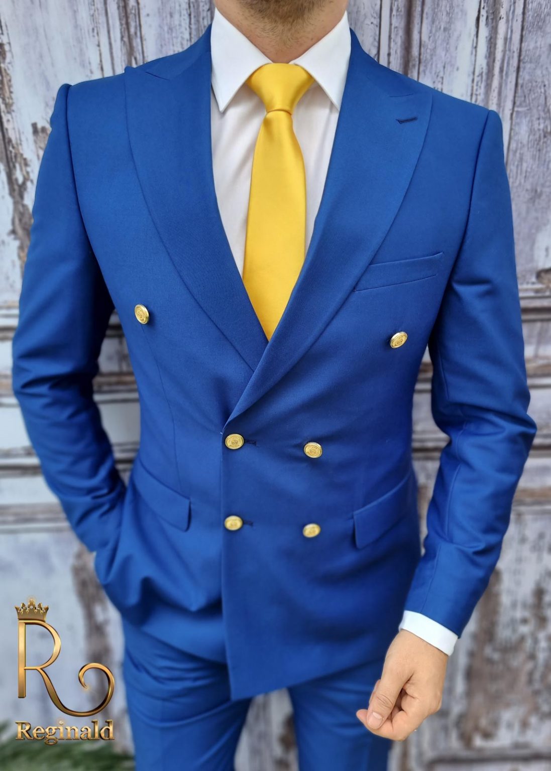 Costum barbati butoni aurii, Double Breasted suit, Slim Fit, albastru ...