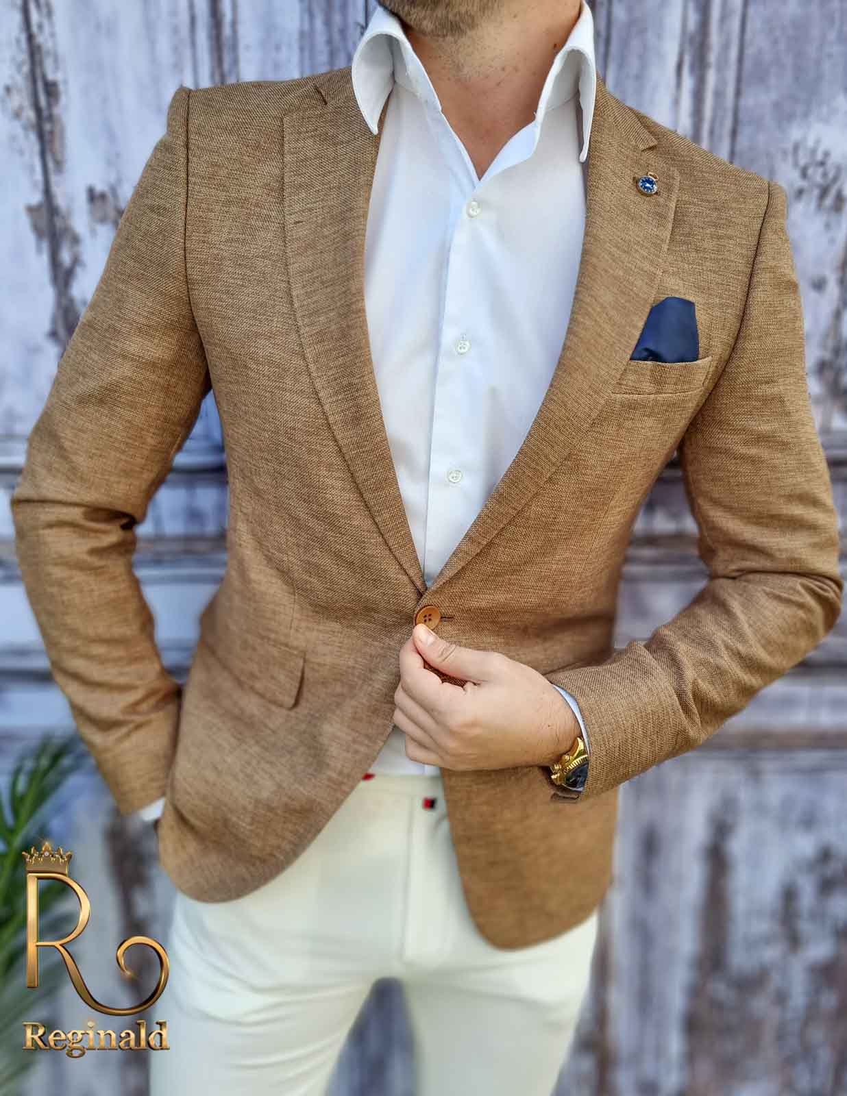 Sacou de barbati, Slim Fit, Maro pal, texturat, Summer Collection - SC163