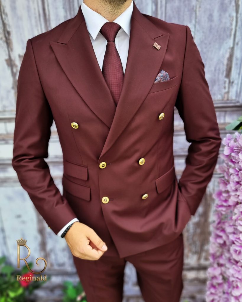 Costum de barbati elegant grena cu butoni aurii Sacou si Pantalon - C2059