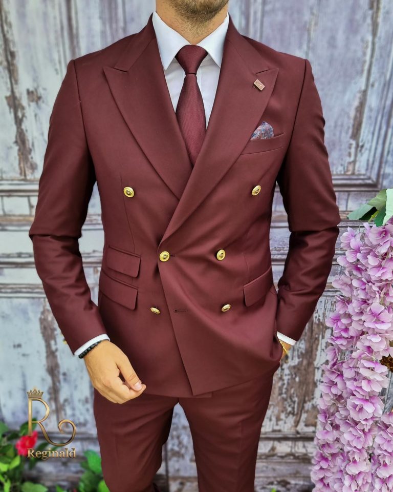 Costum de barbati elegant grena cu butoni aurii Sacou si Pantalon - C2059