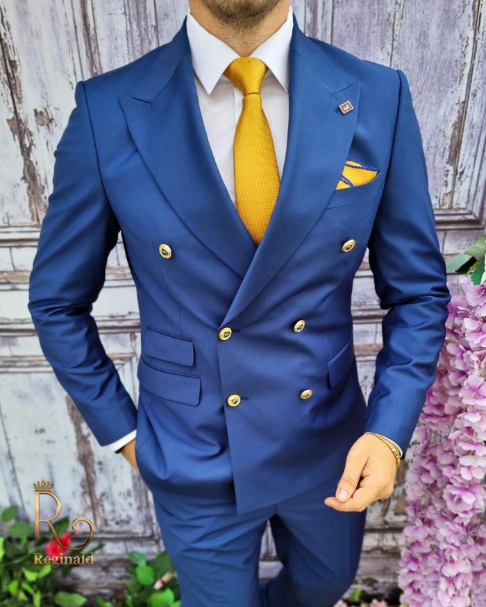 Costum de barbati elegant bleumarin cu butoni aurii Sacou si Pantalon ...