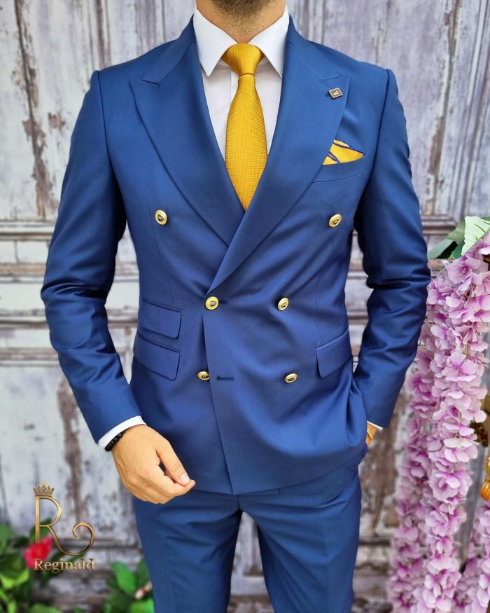 Costum de barbati elegant bleumarin cu butoni aurii Sacou si Pantalon ...