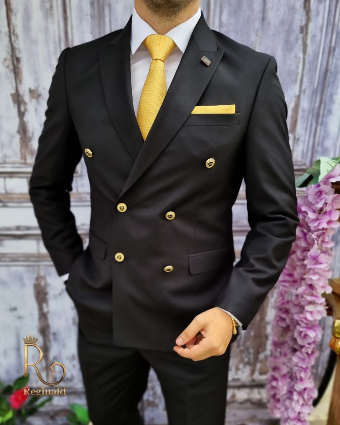 Costum de barbati elegant negru cu butoni aurii Sacou si Pantalon - C2057
