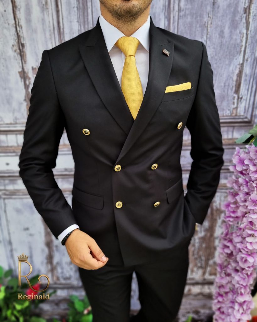 Costum de barbati elegant negru cu butoni aurii Sacou si Pantalon - C2057