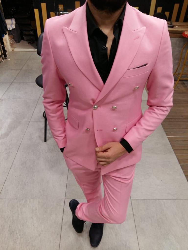 Costum roz Double breasted cu nasturi metalici: Sacou si Pantalon ...