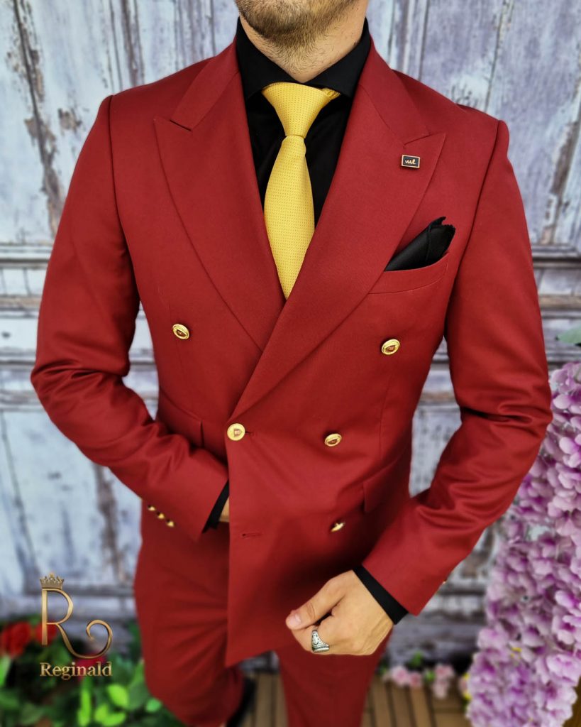 Costum de barbati elegant visiniu cu butoni aurii Sacou si Pantalon - C2055