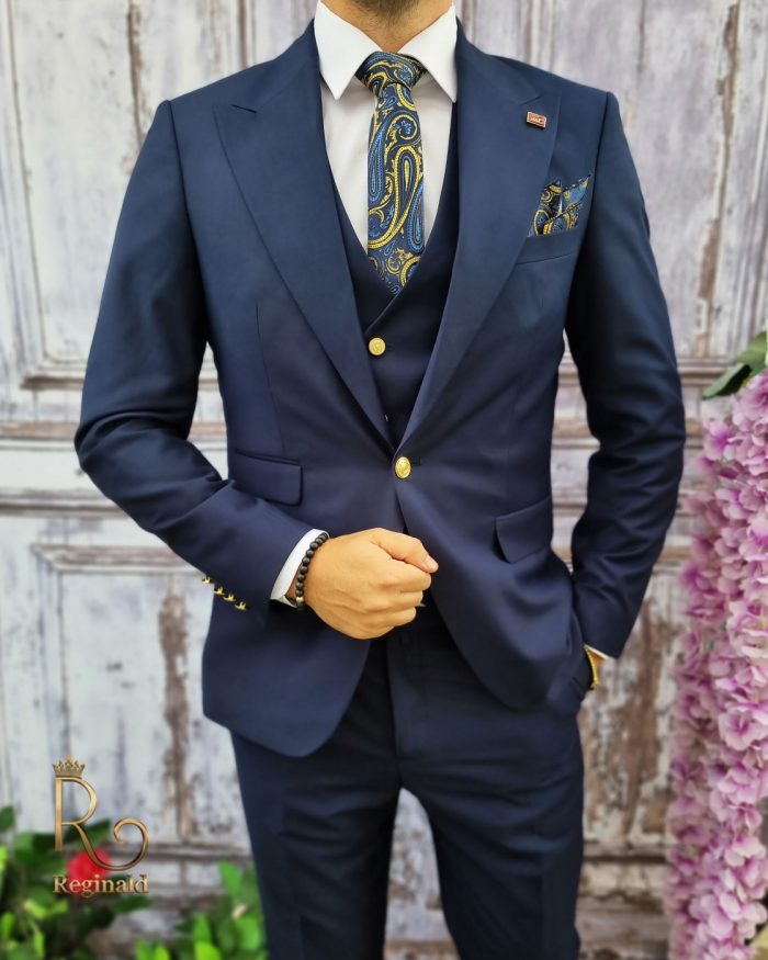Costum bleumarin cu butoni aurii: Sacou, Vesta si Pantalon - C2067