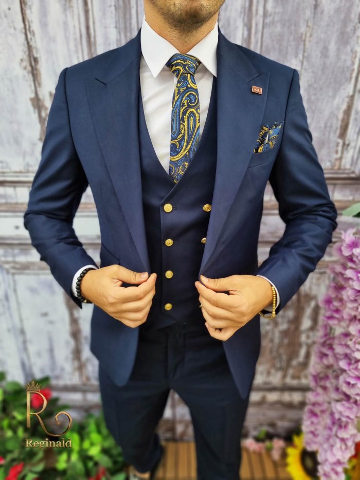 Costum bleumarin cu butoni aurii: Sacou, Vesta si Pantalon - C2067