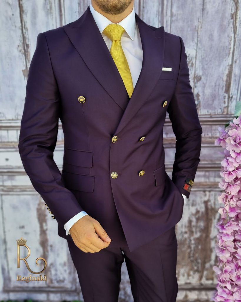 Costum barbatesc din 100% lana Super 200`s, mov inchis cu butoni aurii ...