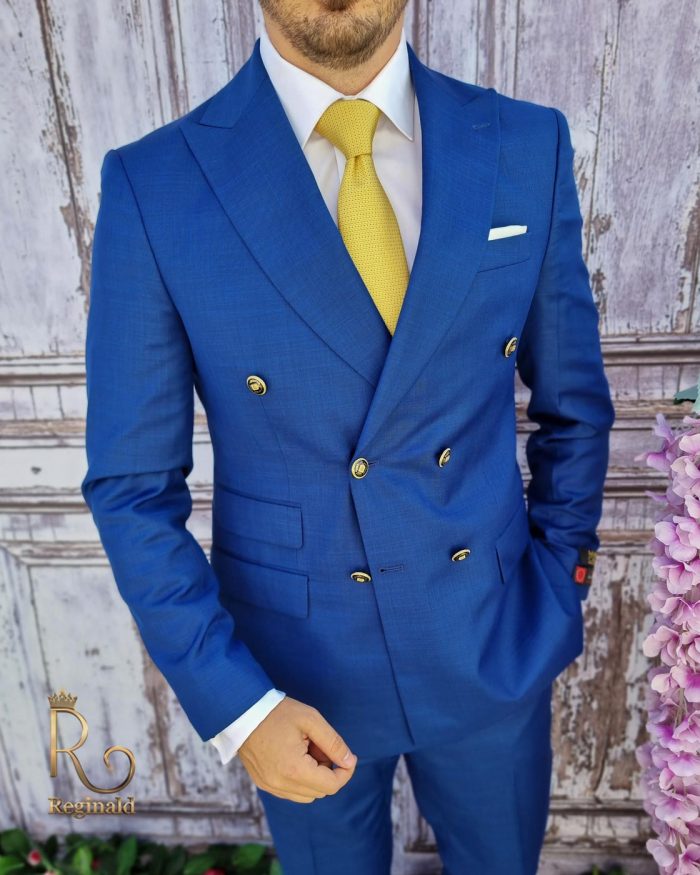 Costum barbatesc din 100% lana Super 200`s, albastru inchis cu butoni ...