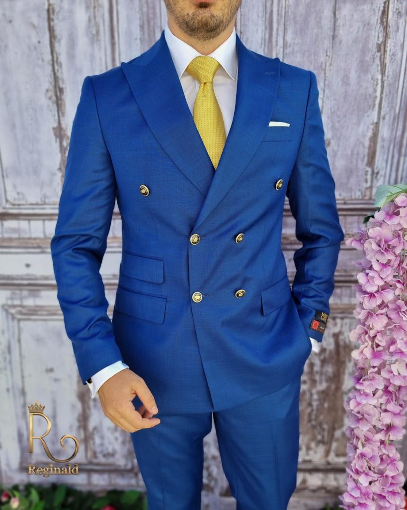Costum barbatesc din 100% lana Super 200`s, albastru inchis cu butoni ...