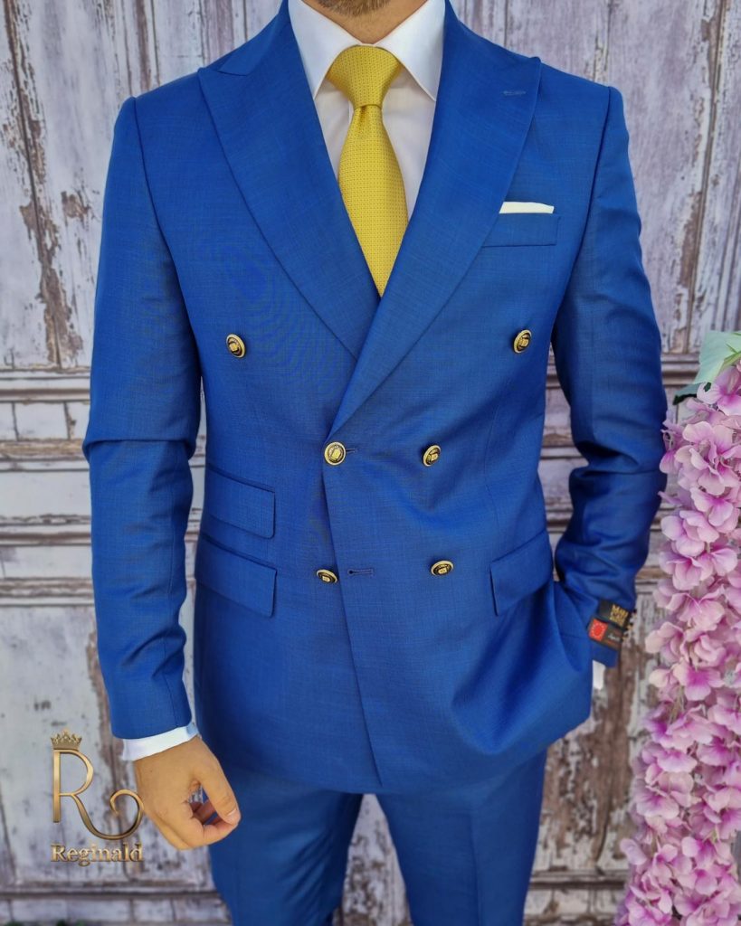 Costum barbatesc din 100% lana Super 200`s, albastru inchis cu butoni ...