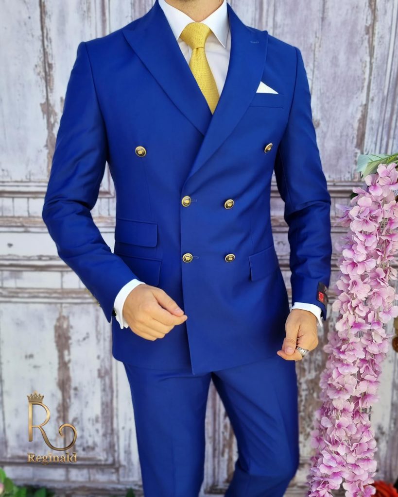 Costum barbatesc din 100% lana Super 200`s, albastru cu butoni aurii ...