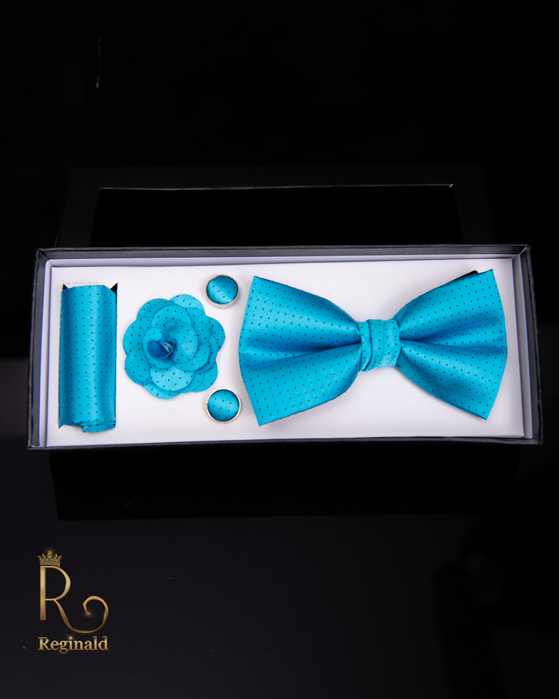 Set papion, butoni, floare si batista - culoare: bleu turcoaz Cod PP258