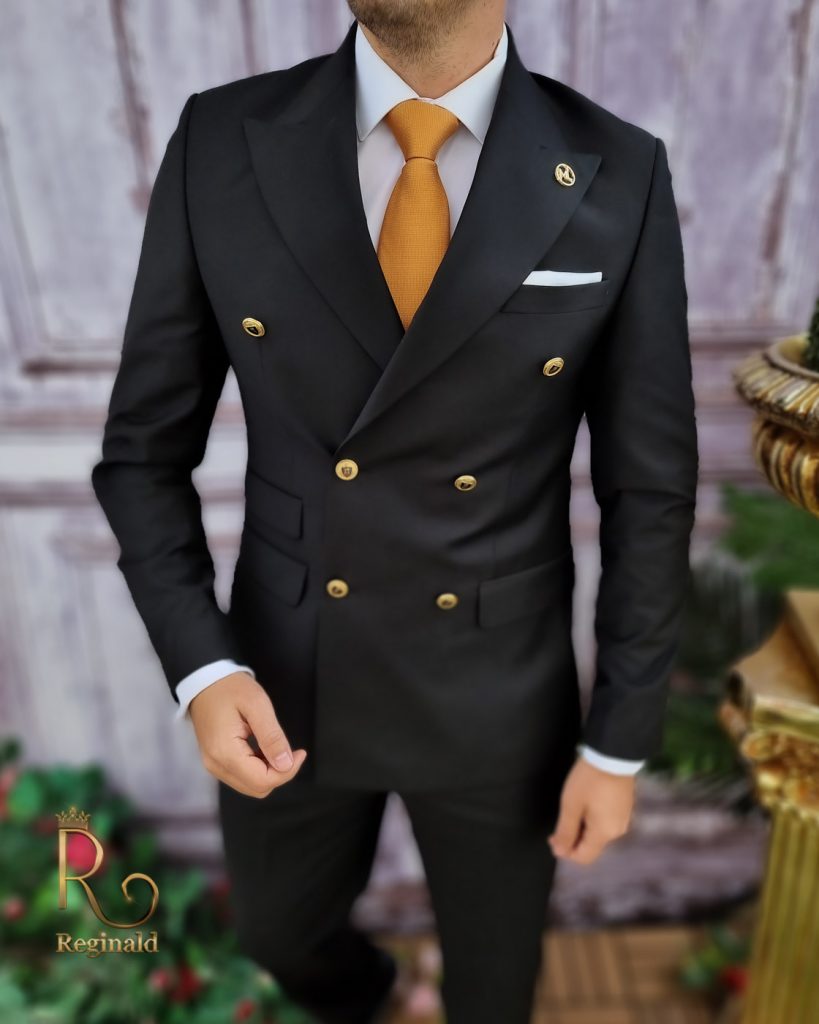 Costum elegant de bărbați, Negru cu butoni aurii, Sacou si Pantalon - C3375