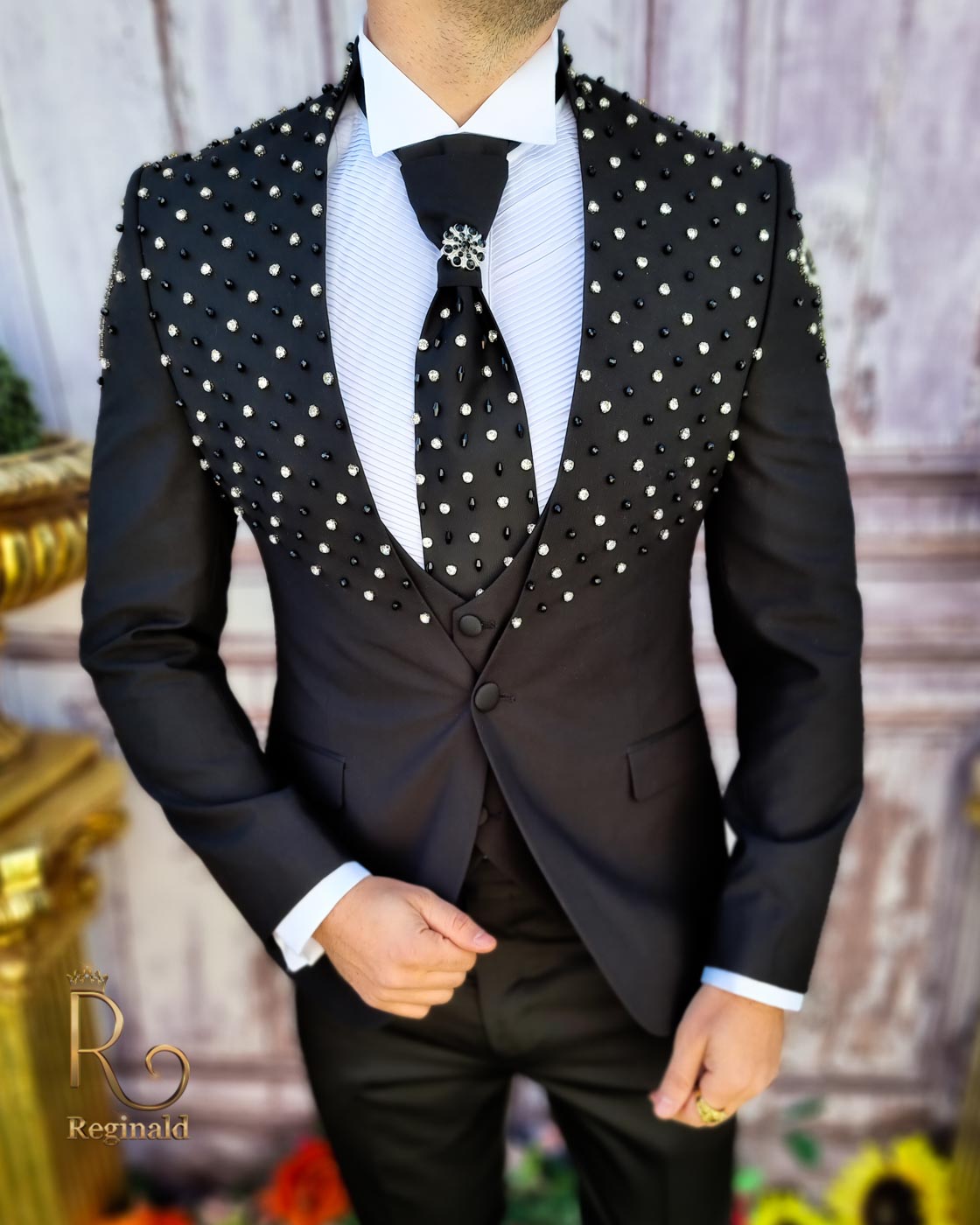 Costum ceremonie barbati Set: Sacou Vesta Pantalon Cravata - C3588