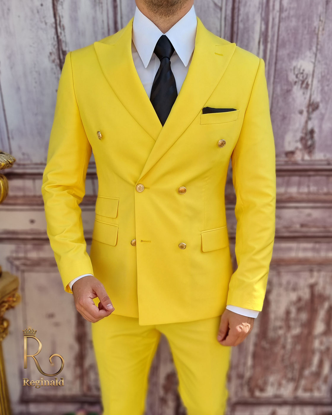 Costum elegant de bărbați, Galben cu butoni aurii, Sacou si Pantalon ...