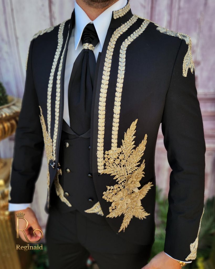 Costum de ceremonie, Slim Fit, Negru cu broderie aurie, Sacou, Vesta ...