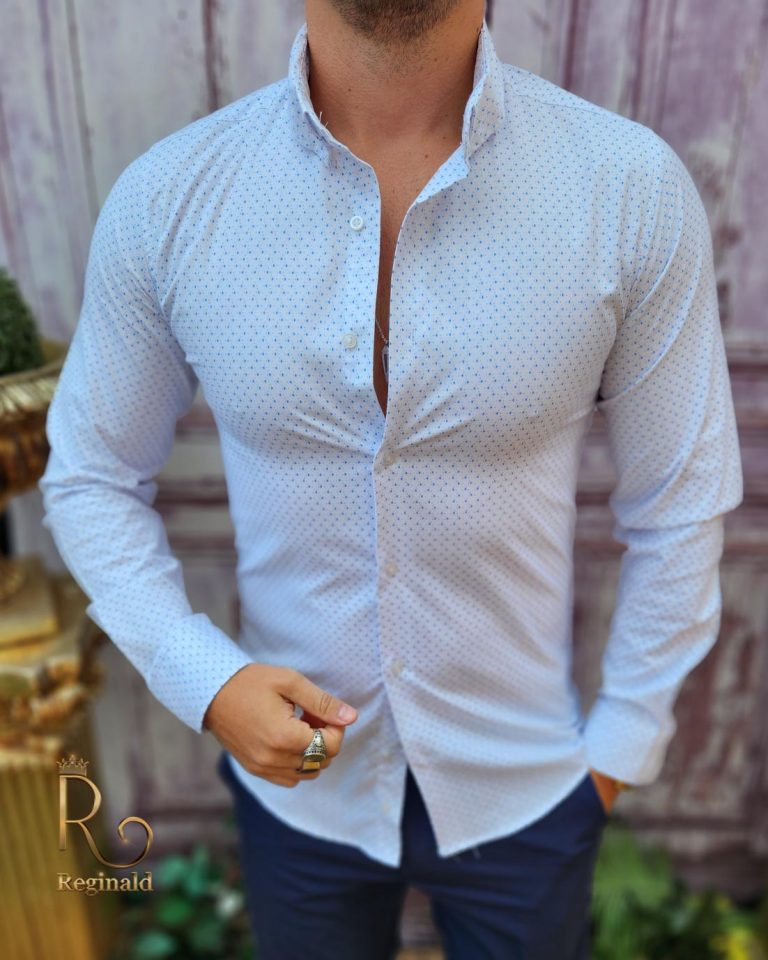 Cămașă alba cu model, de bărbați, guler cu nasturi - CR112