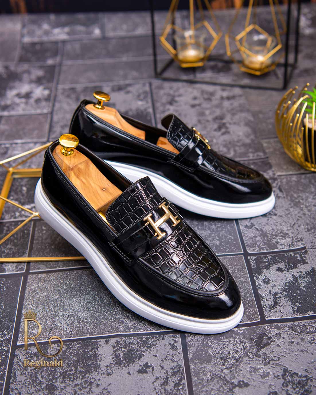 Mocasines Casuales para Hombre Charol Negro Croc Suela Alta Blanca - AD484