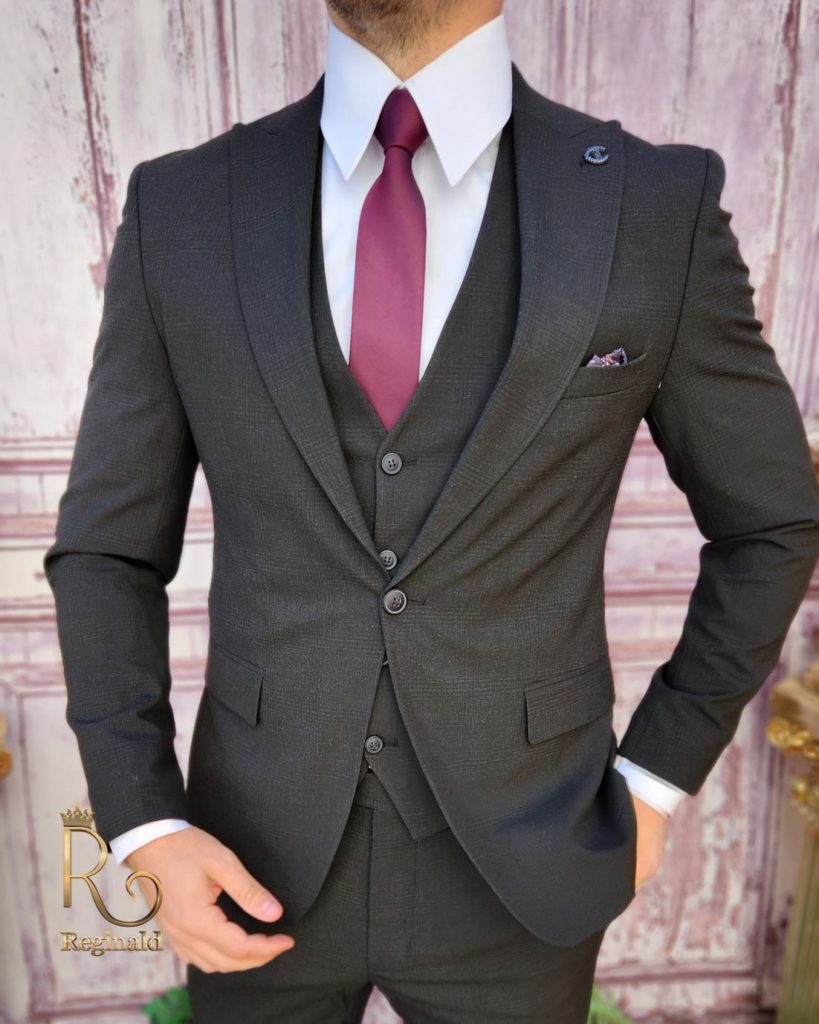 Costum elegant de bărbați, Gri închis, Slim Fit, Sacou, Vesta si ...