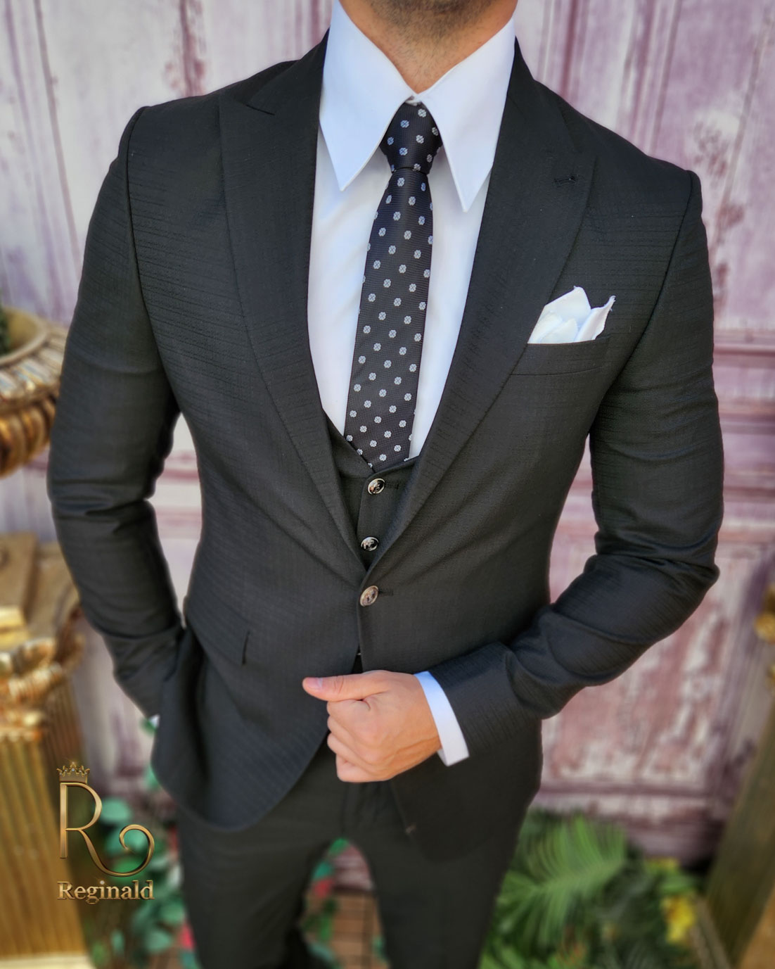 Costum Negru de bărbați, Slim Fit, Sacou, Vesta si Pantalon - C3916