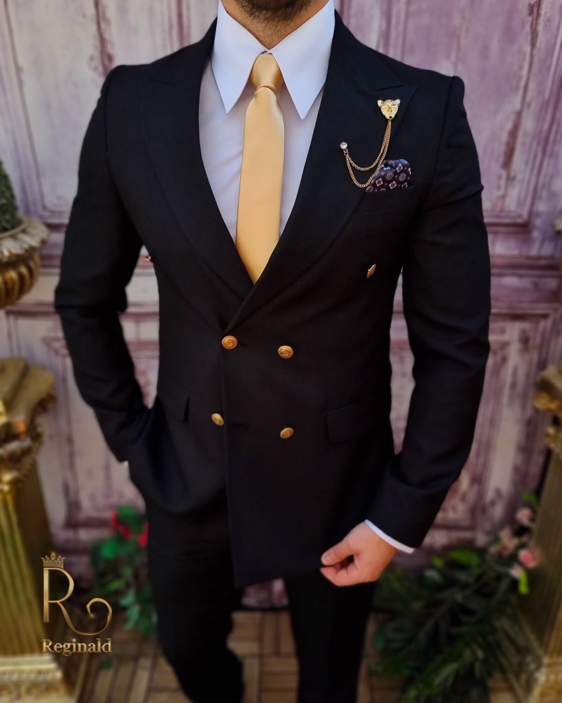 Costum negru de barbati, Double Breasted, Sacou cu butoni aurii si ...