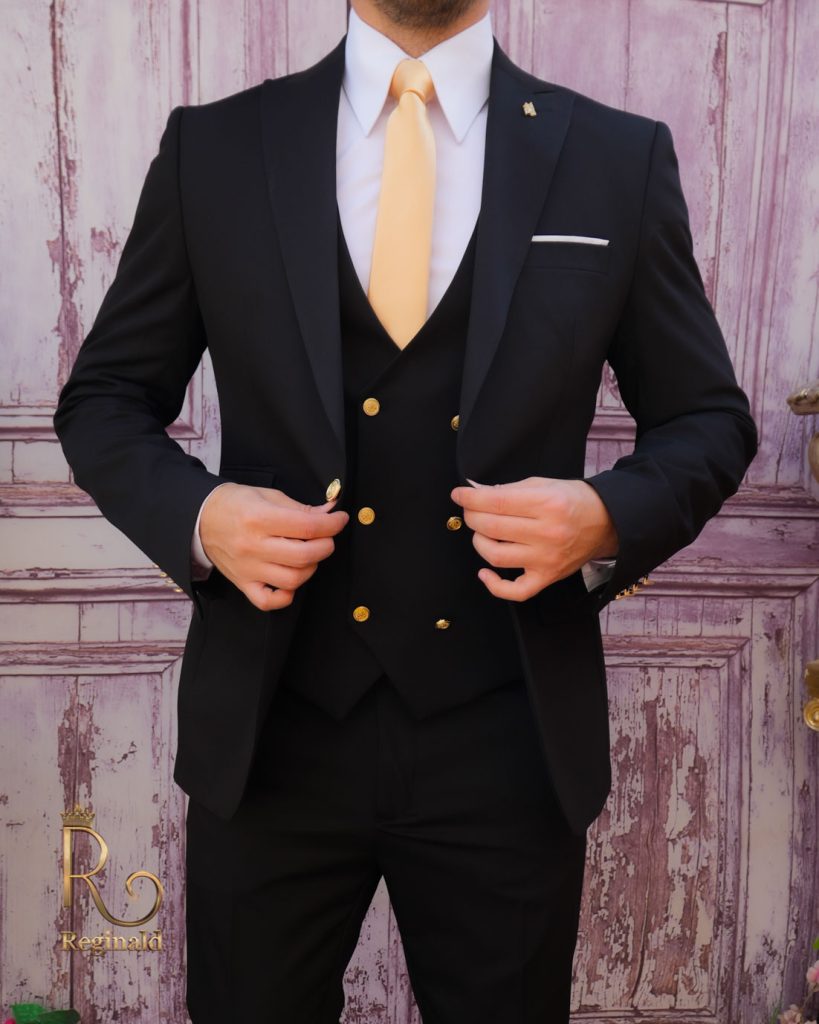 Costum elegant de barbati, Negru cu butoni aurii, Sacou, Vesta si ...