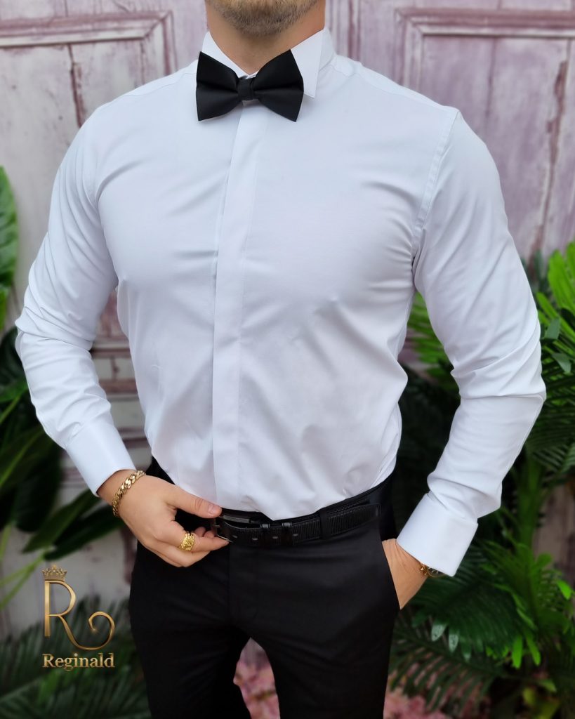 Cămașă alba de bărbați cu butoni, guler de papion - CR121