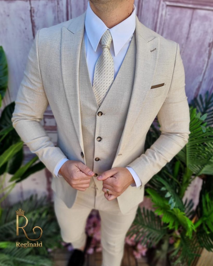 Costum bej textura in, Sacou, Vesta si Pantalon - C4042