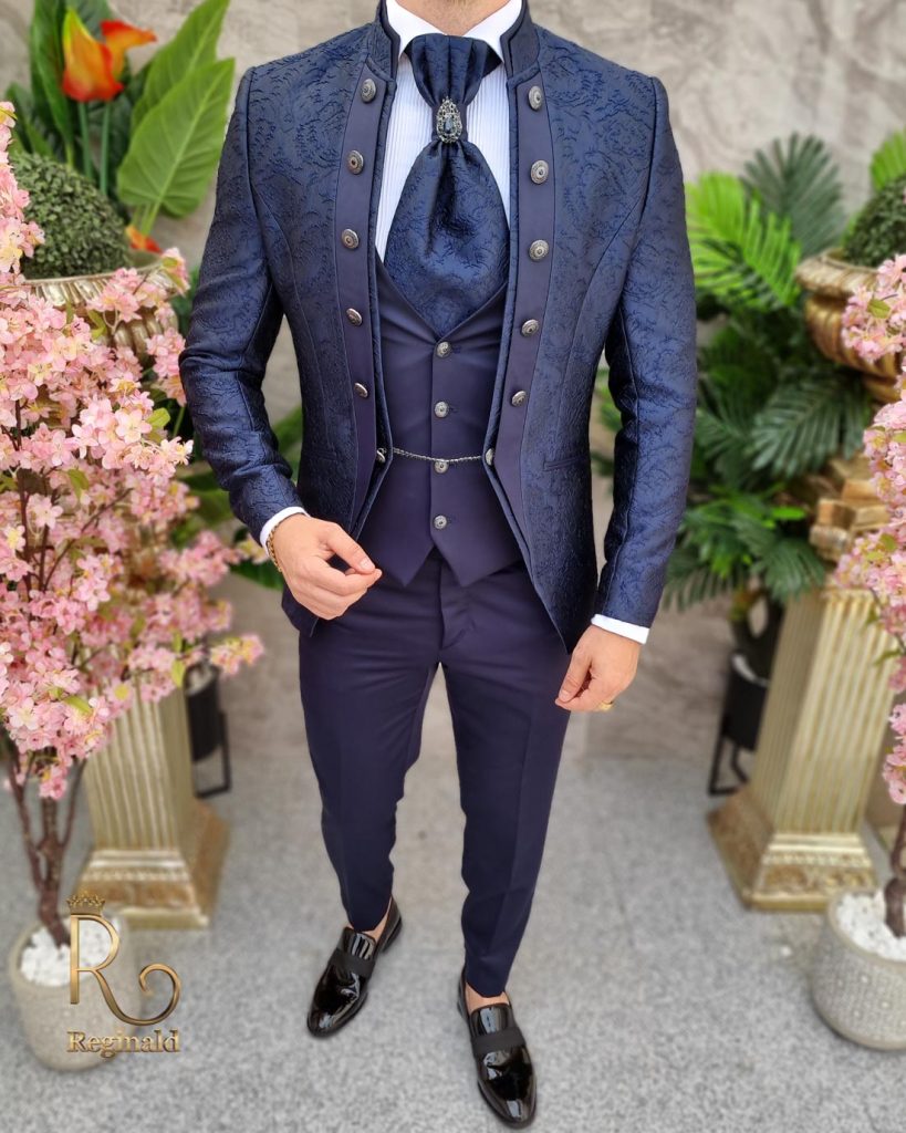 Costum de ceremonie,Bleumarin, Slim Fit, Sacou, Vesta, Pantalon si ...