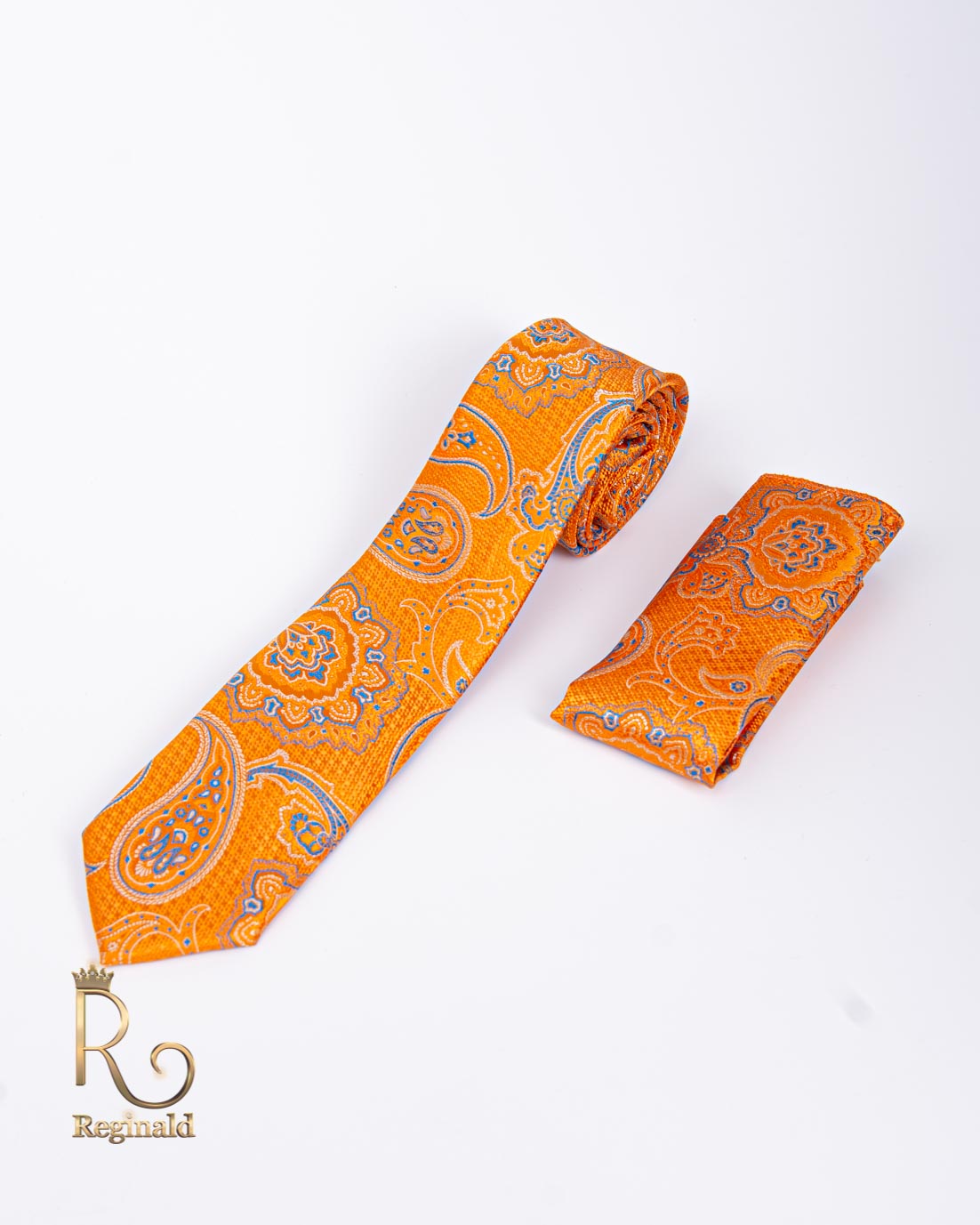 Cravata de barbati si batista portocalie cu model - CV844