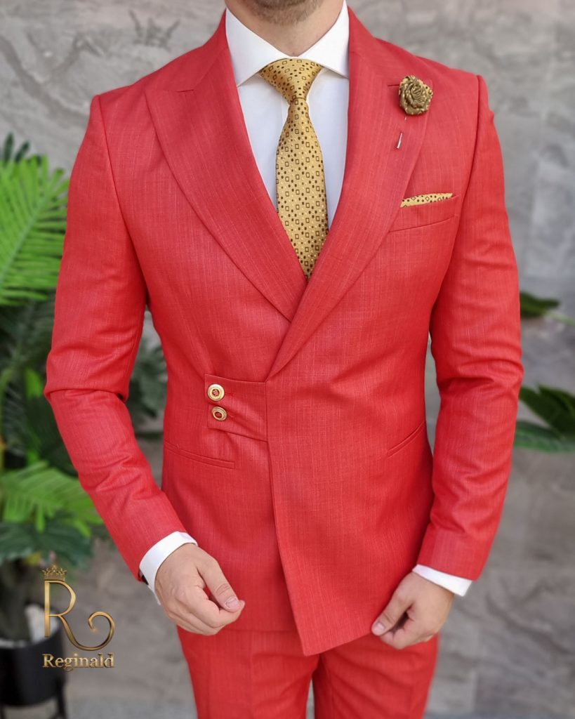 Costum rosu corai Double Breasted Sacou si Pantalon- C4149